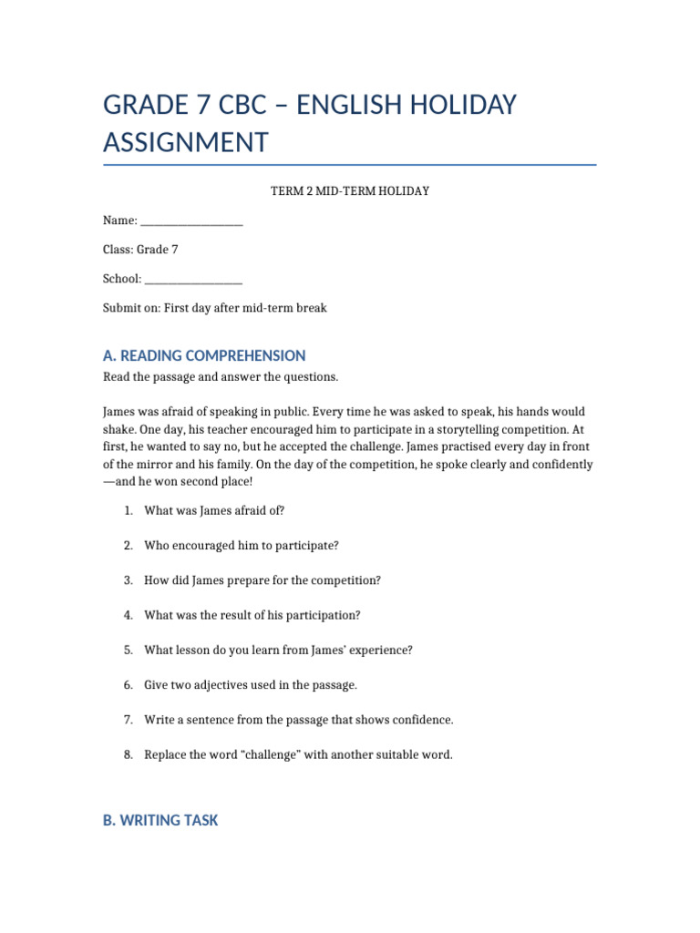 Grade 7 English Term 2 Midterm Holiday Assignment | PDF | English Language | Languages