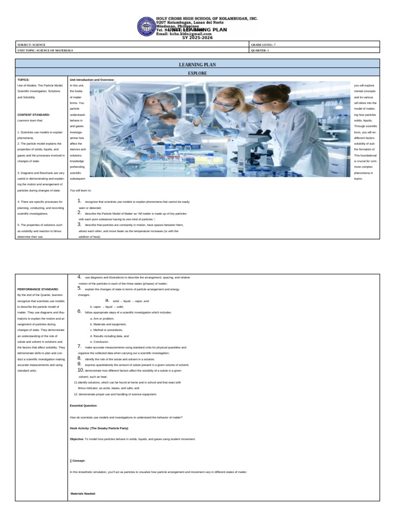 2.0 Unit Learning Plan Science 7 | PDF | Gases | Conceptual Model