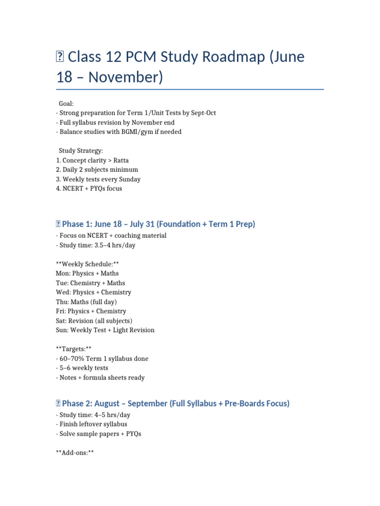 Class 12 PCM Study Plan and Syllabus | PDF
