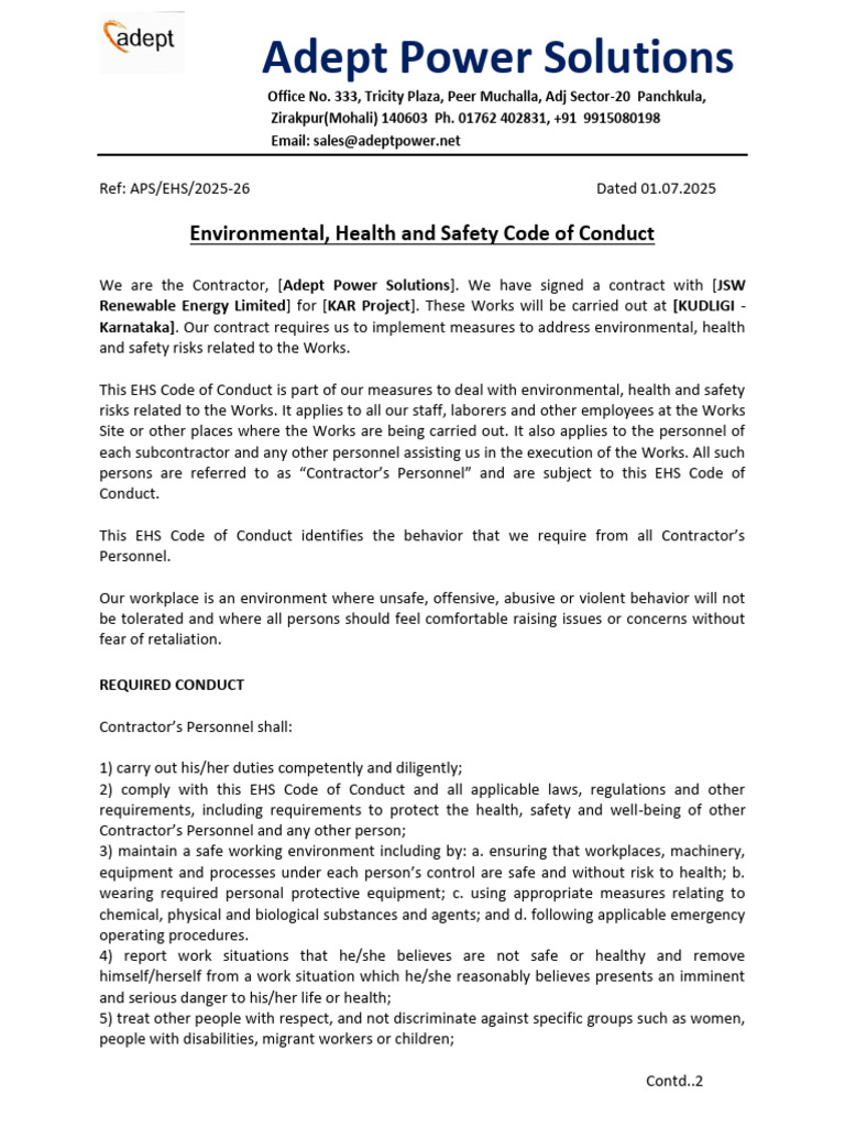 EHS Code of Conduct for Contractor Personnel | PDF | Occupational ...