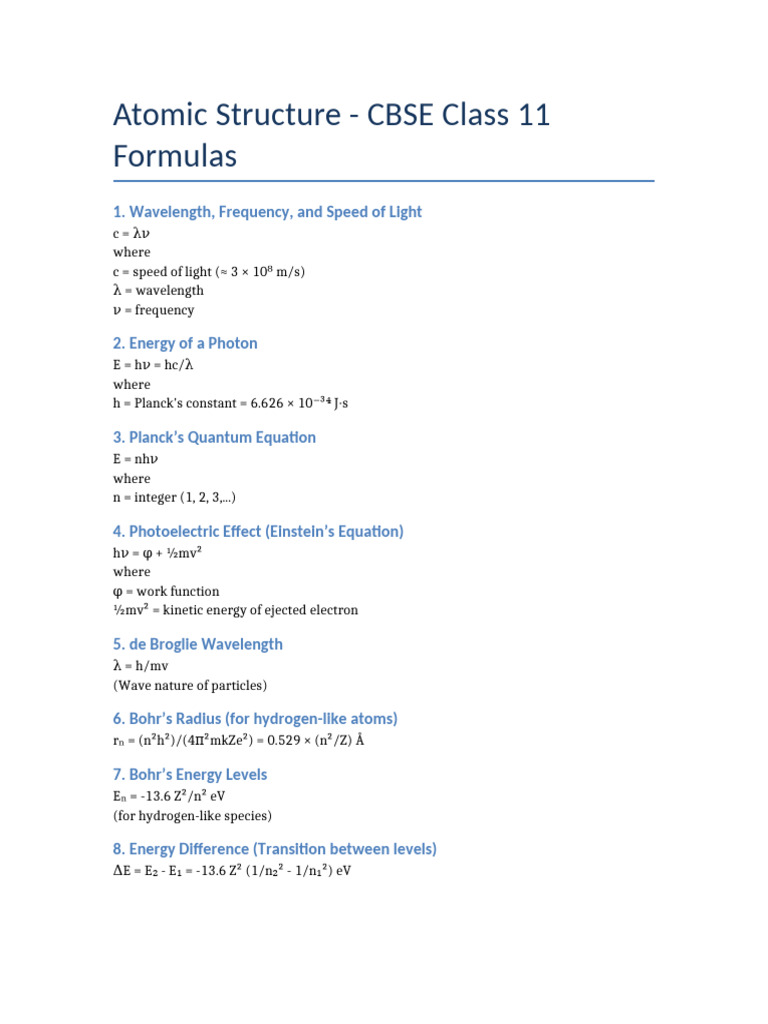 Class 11 Atomic Structure Formulas | PDF