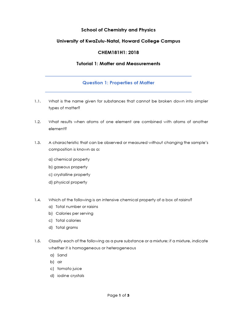 Tutorial 1-Matter and Measurement | PDF | Mixture | Chemical Substances
