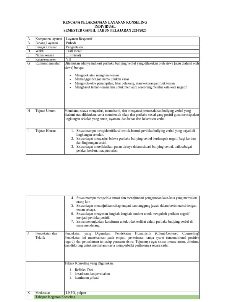 Rencana Pelaksanaan Layanan Konseling Individual | PDF