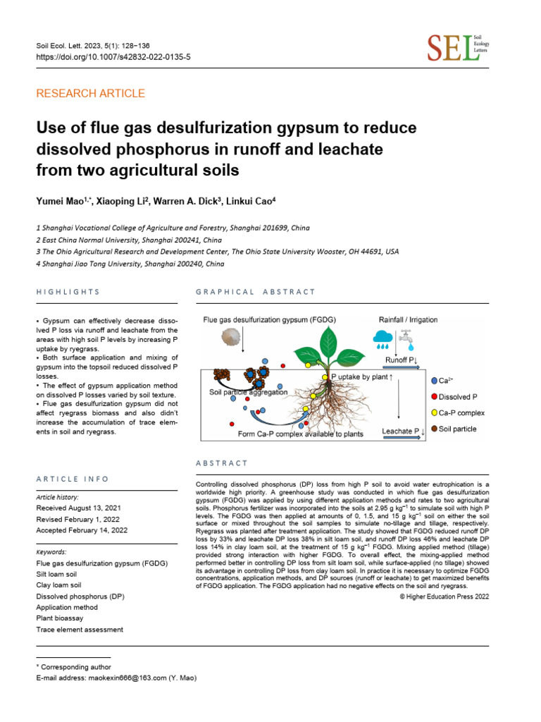 Use of Flue Gas Desulfurization Gypsum To Reduce Dissolved Phosphorus ...