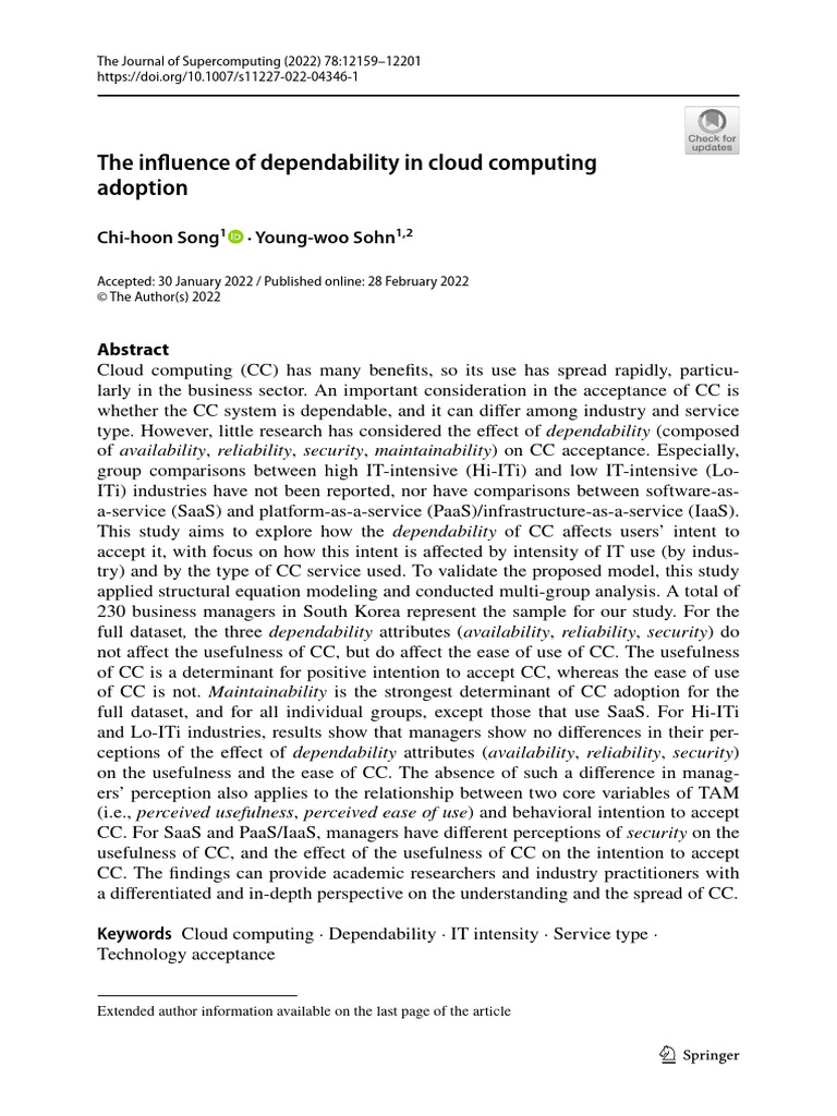 The Influence of Dependability in Cloud Computing Adoption: Chi Hoon Song Young Woo Sohn | PDF ...