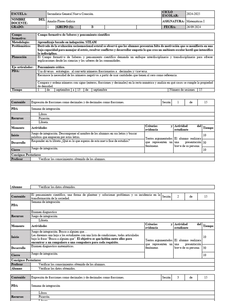 PLANEACIÓN 1 Matematicas | PDF | Decimal | Sustracción