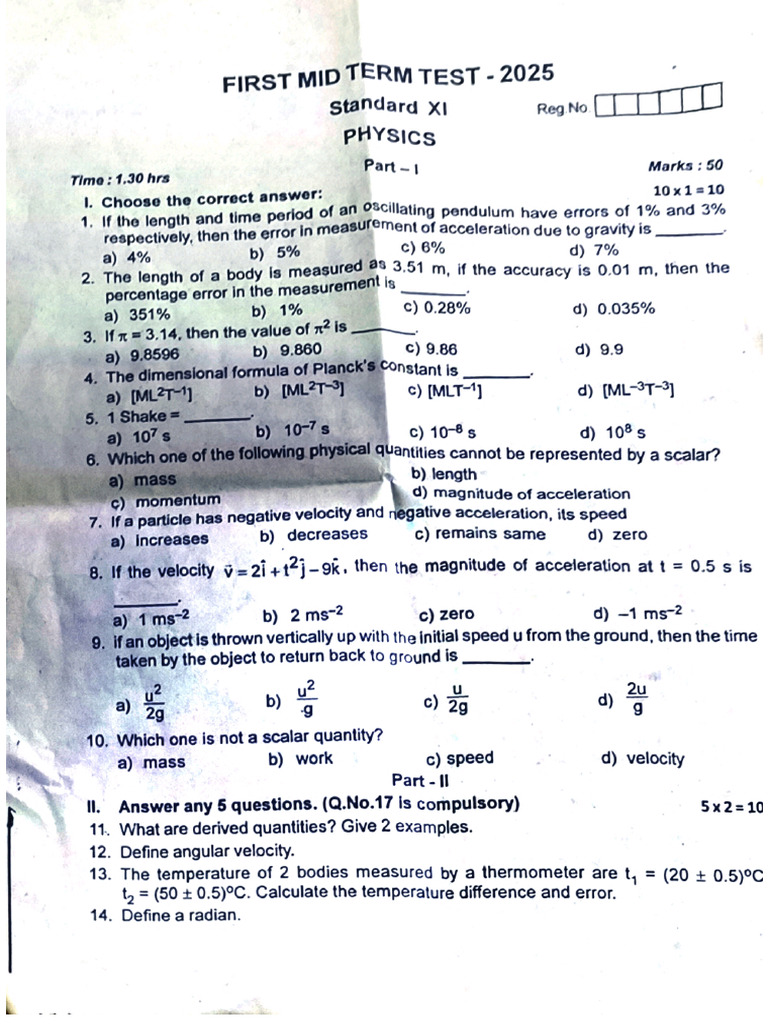 11th Physics Question Paper | PDF