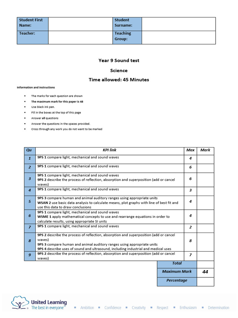 9PS End of Topic Test Qs | PDF | Sound | Decibel