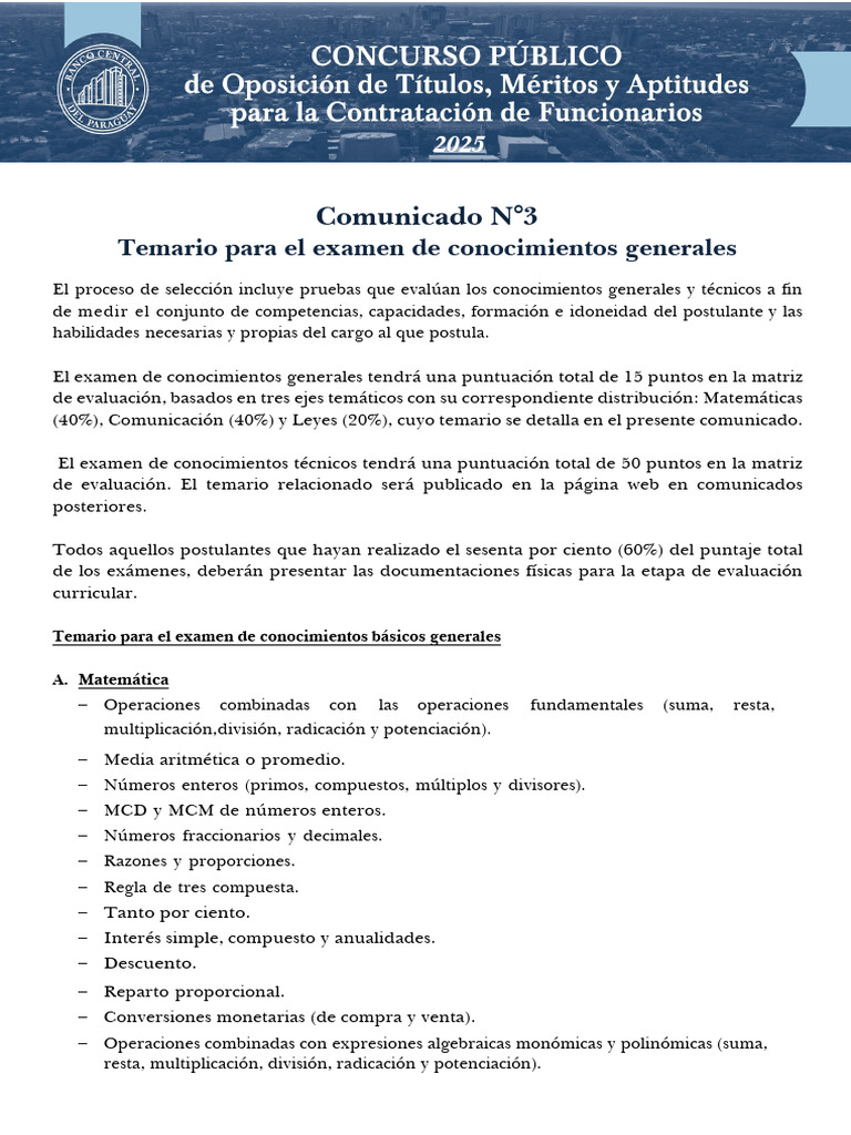 Comunicado #3 Temario para Examen de Conocimiento Generales | PDF | Verbo | División (Matemáticas)