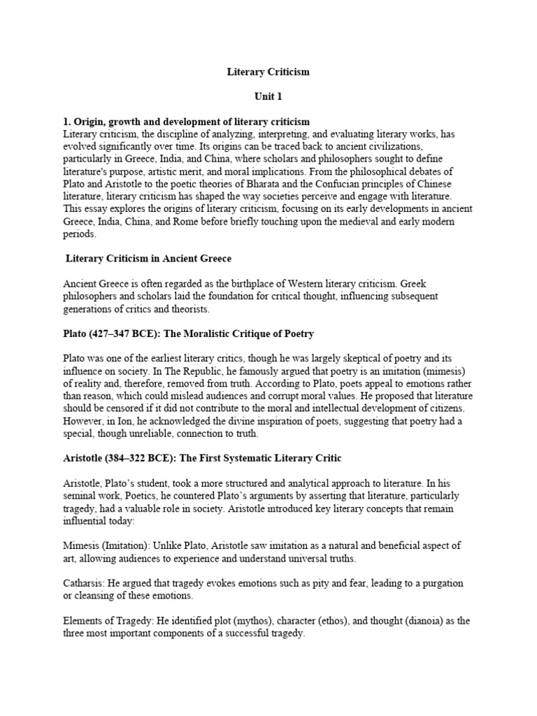 Literary Criticism - Notes | PDF | Literary Criticism | Plato