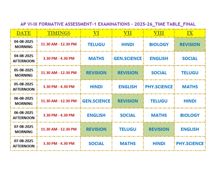 AP SSC Vi-Ix Formative Assessment-1 Examinations - 2025-26 - Time Table ...