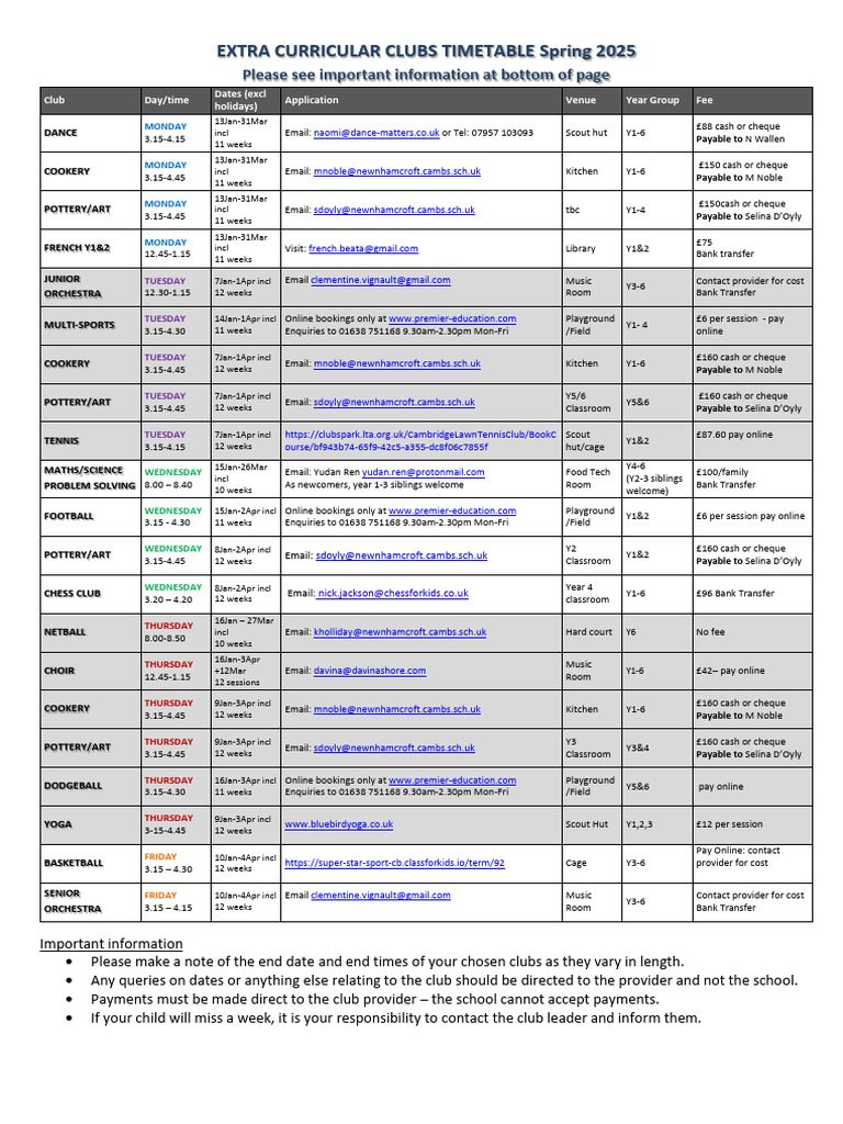 Clubs Timetable Spring 2025 Updated | PDF