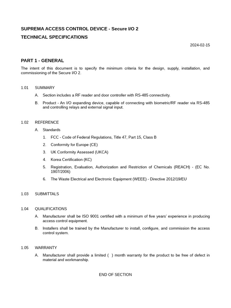 Suprema Secure Io 2 Ae-specification 240215 | PDF | Access Control ...