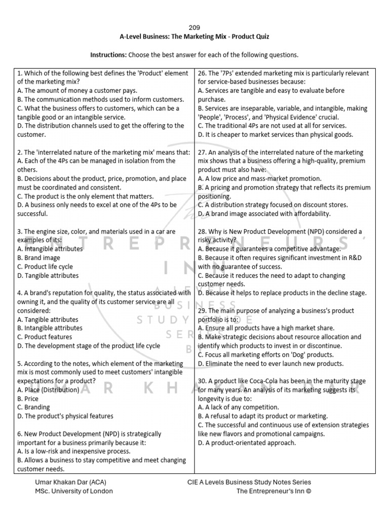 A-Level Business Marketing Mix Quiz | PDF | Marketing | Brand