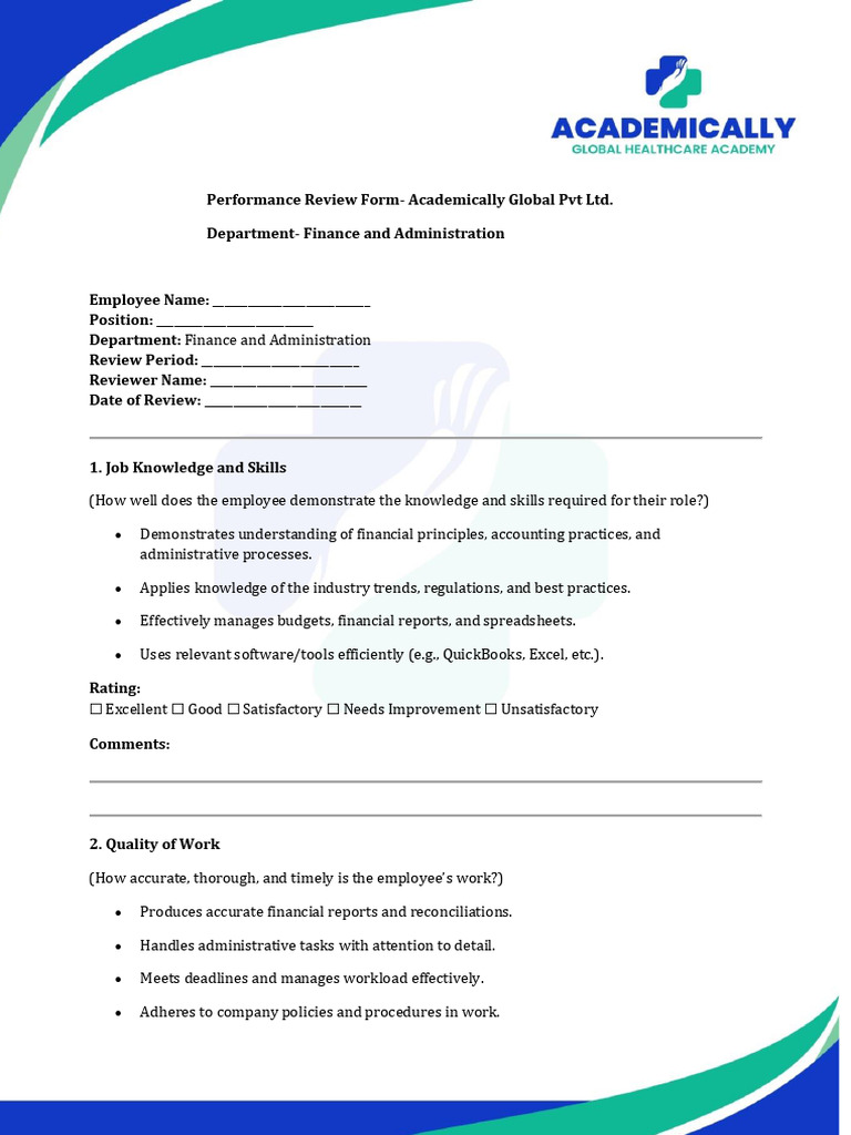Performance Review Form - Department - Finance & Administration. | PDF ...