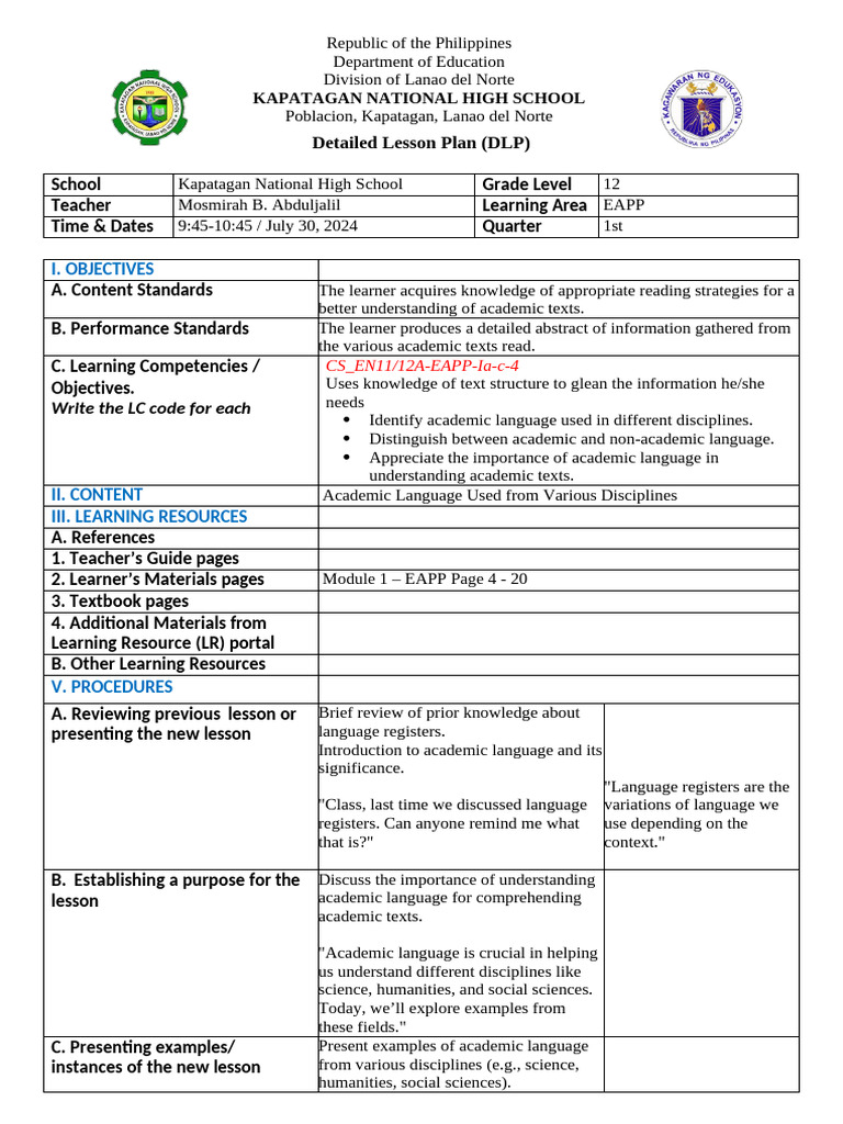 Eapp DLP Academic Language | PDF | Science | Learning