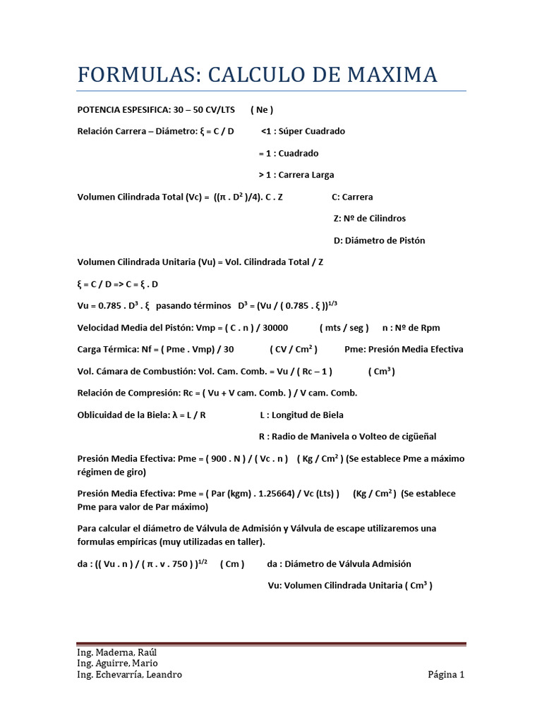 Formulas Calculo de Maxima | PDF | Pistón | Máquinas rotativas