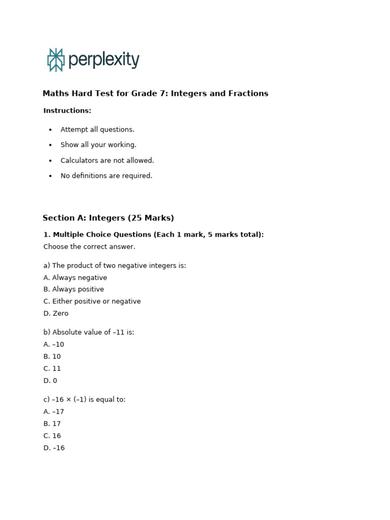 Maths Test For Grade 7 - Integers and Fraction | PDF | Numbers | Integer