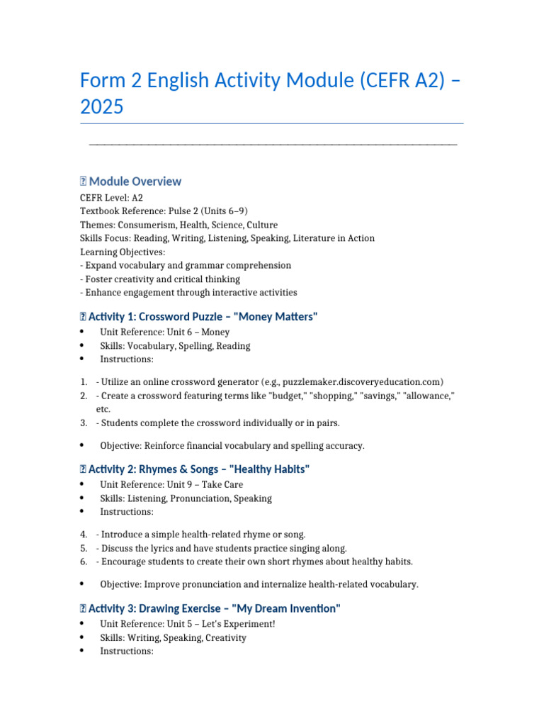 Form2 English Activity Module Visual CEFR Pulse2 2025 | PDF ...