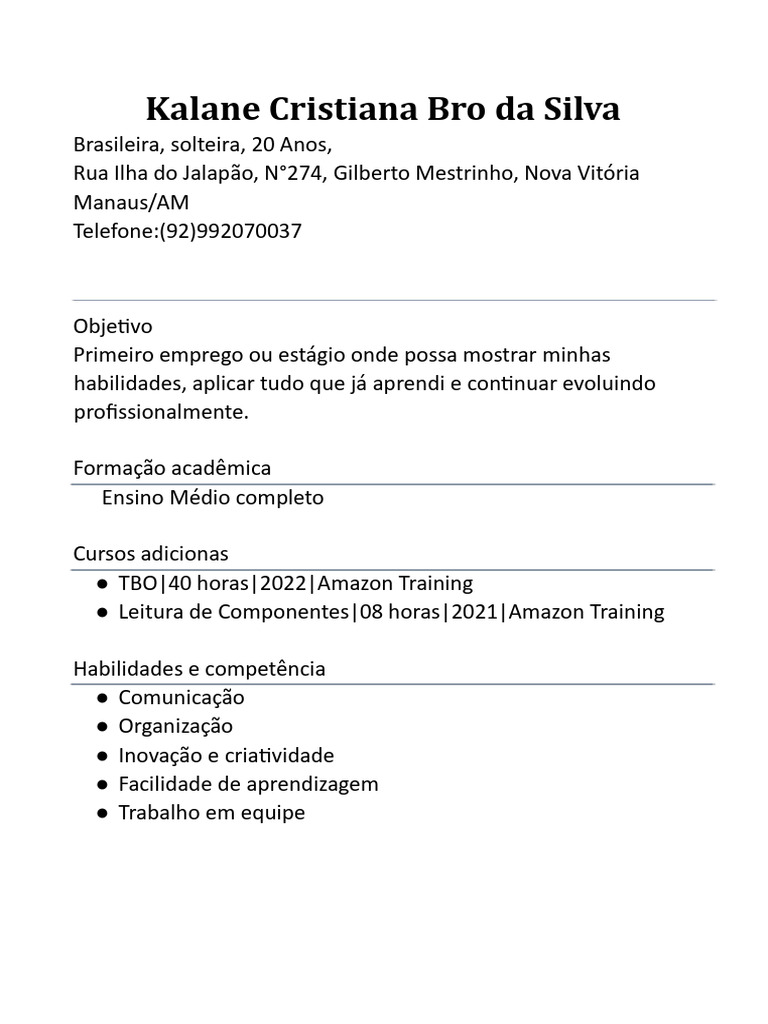 Currículo de Kalane Bro da Silva | PDF