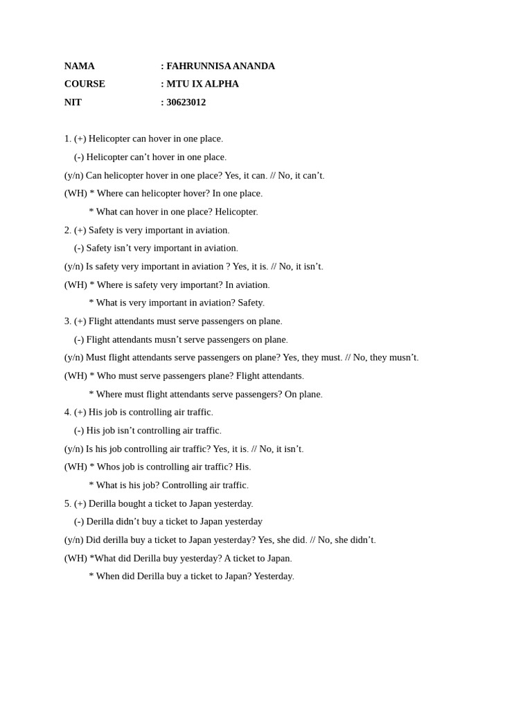 MAEL Fahrunnisa Ananda 30623012 20 Sentences | PDF | Airplane | Aircraft