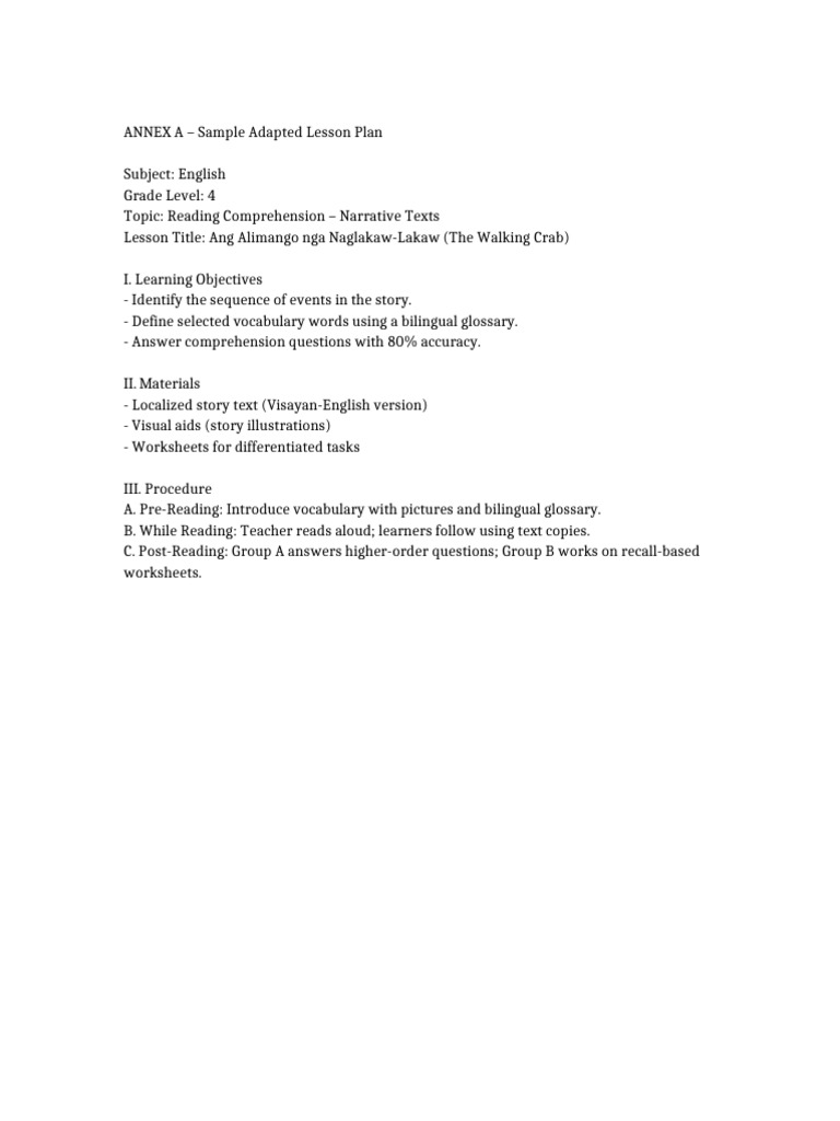 4th Grade English Lesson Plan: Narrative Texts | PDF