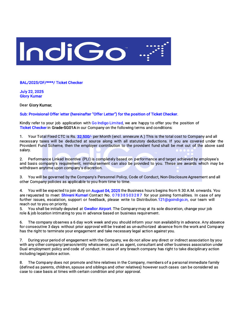 Glory Offer Letter Indigo | PDF | Employment | Probation