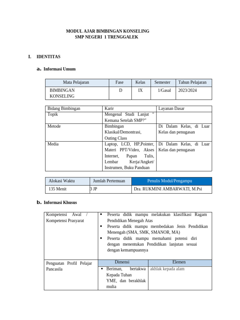 Modul Bimbingan Karir SMP 2023/2024 | PDF