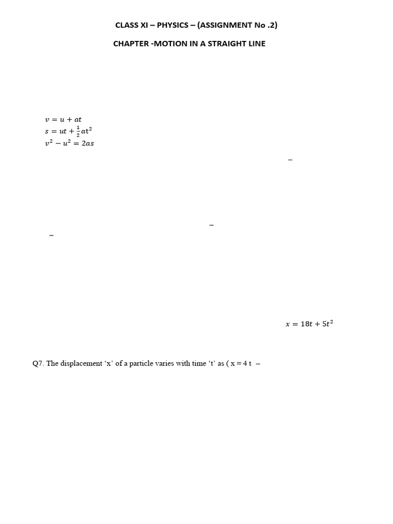 Class Xi Physics - Motion in A Straight Line (Assignment No.2.) | PDF | Acceleration | Velocity