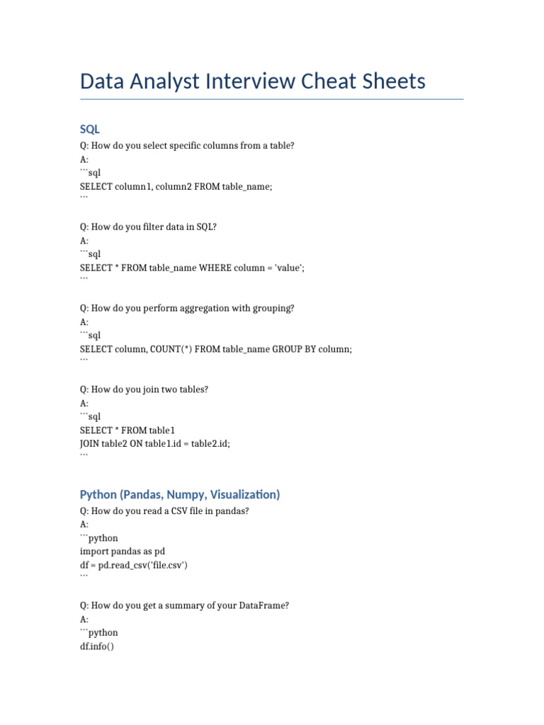 Data Analyst CheatSheet | PDF