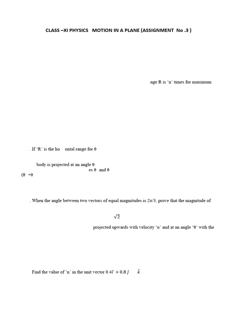 Class-Xi Motion in A Plane (Assignment No.3) | PDF | Acceleration ...