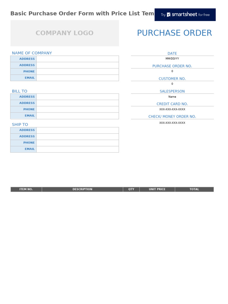Ic Basic Purchase Order Form With Price List Template 9181 Word | PDF