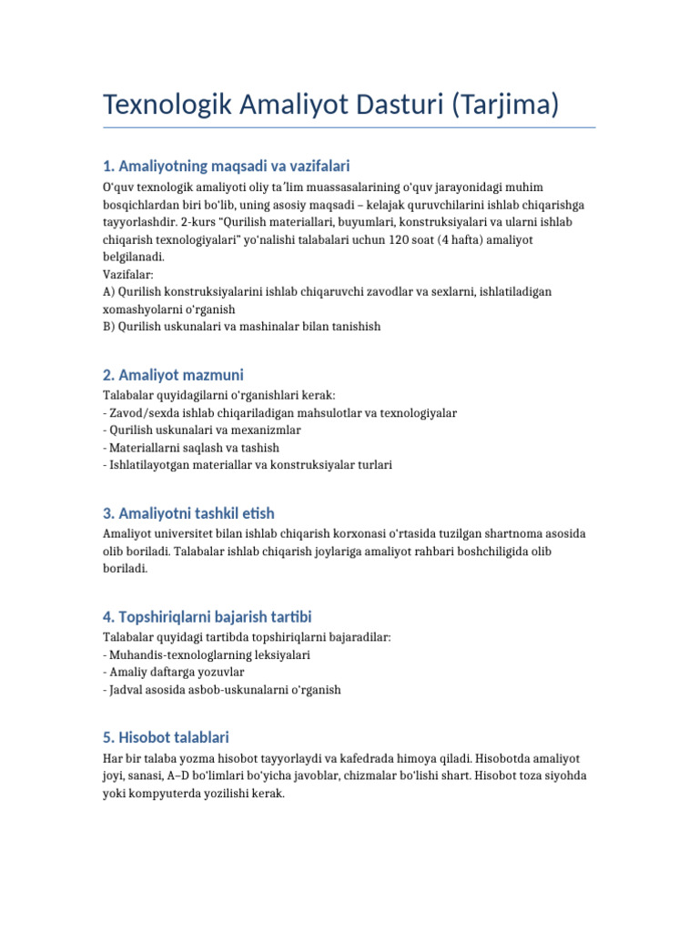 Texnologik Amaliyot Dasturi Tarjima | PDF
