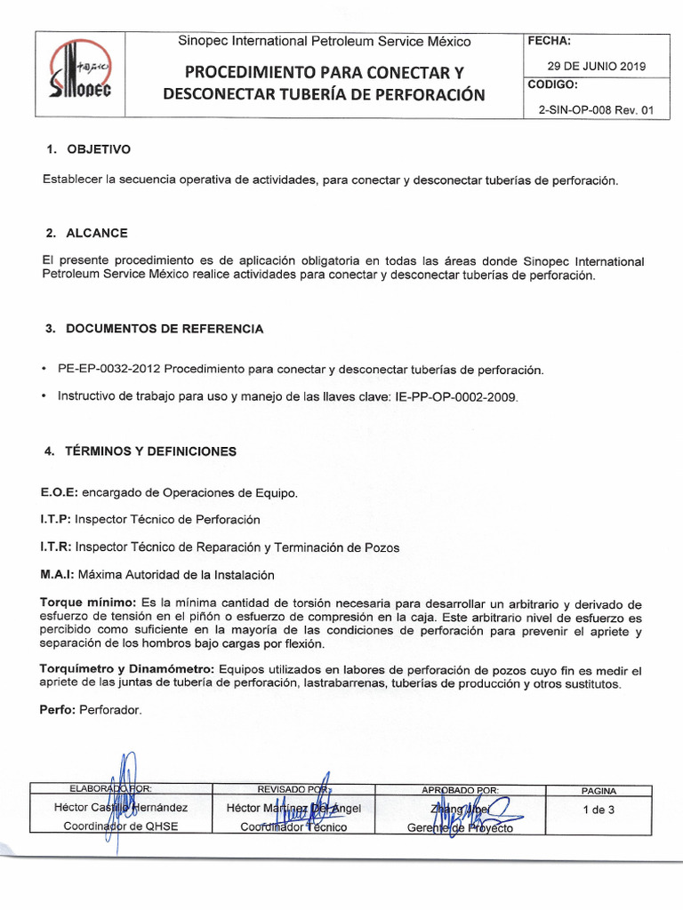 2-Sin-Op-008 Procedimiento Conectar y Desconectar Tuberia de Perforacion | PDF