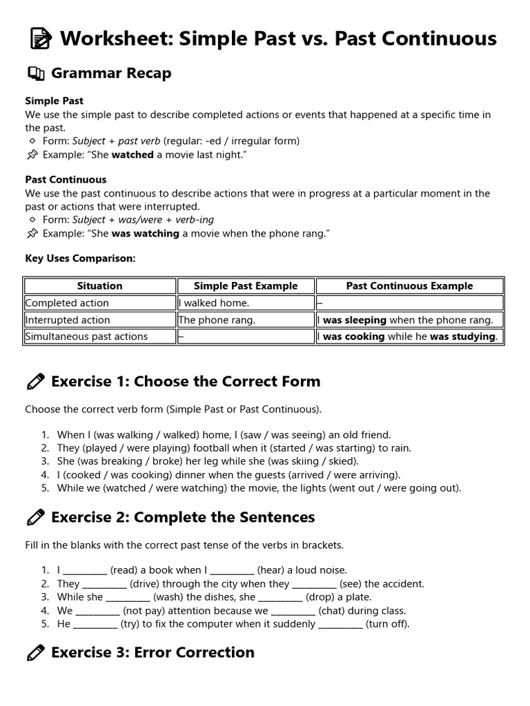 Simple Past vs. Past Continuous Worksheet | PDF | Verb | Subject (Grammar)