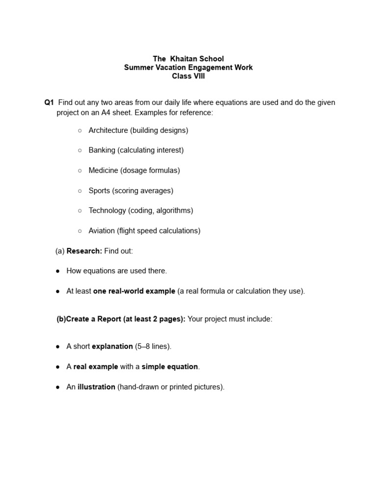 Class 8 Summer Vacation Engagement Work | PDF