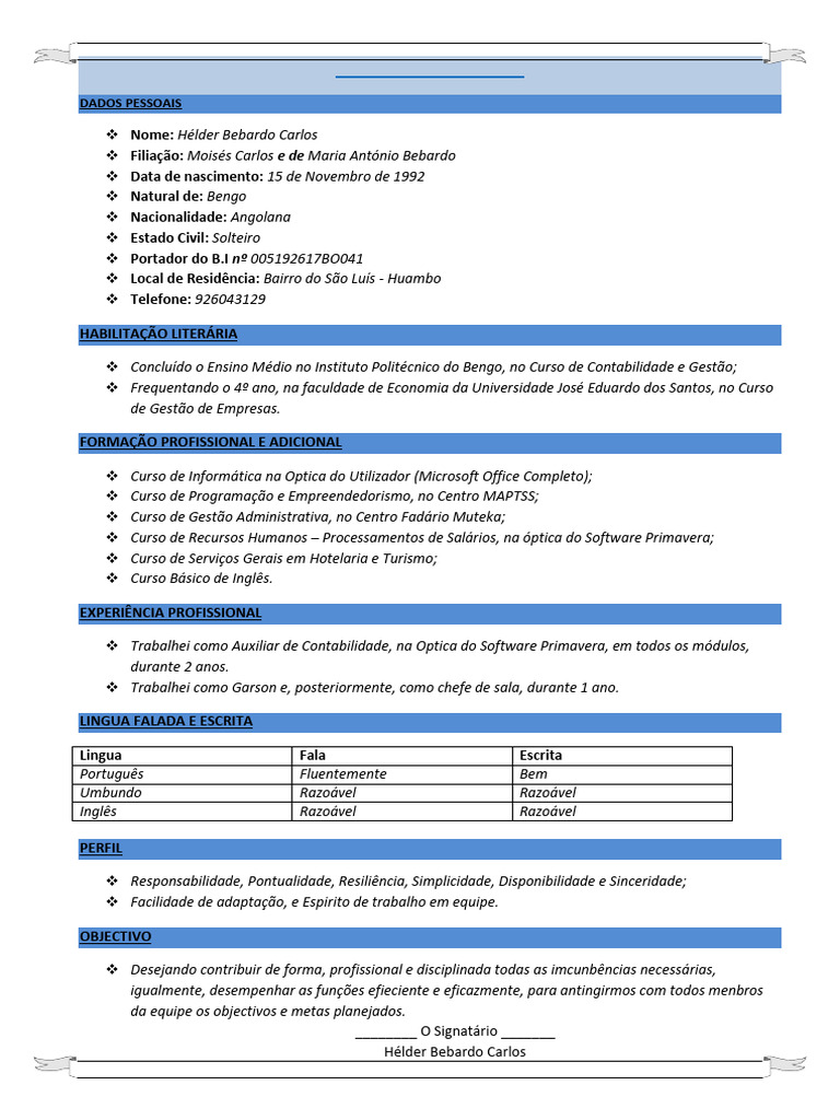 Currículo de Hélder Bebardo Carlos | PDF