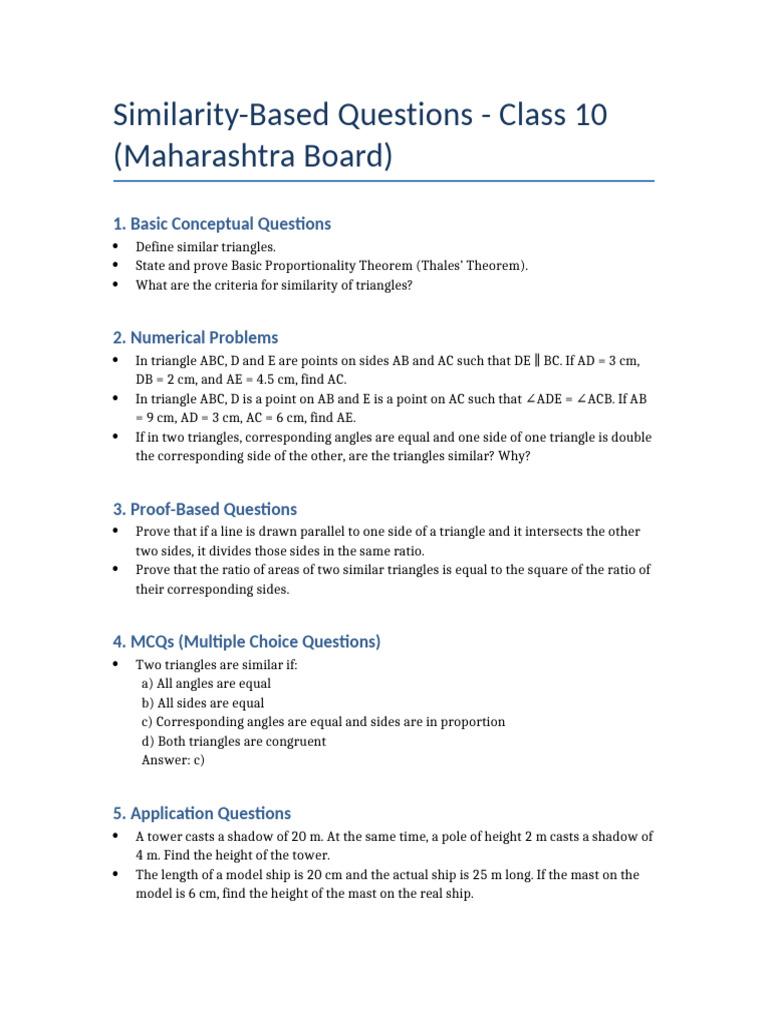 Class 10 Similarity Questions and Answers | PDF | Triangle | Mathematics