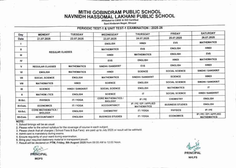 PT 1 - UT 1 Time Table 2025 26 | PDF