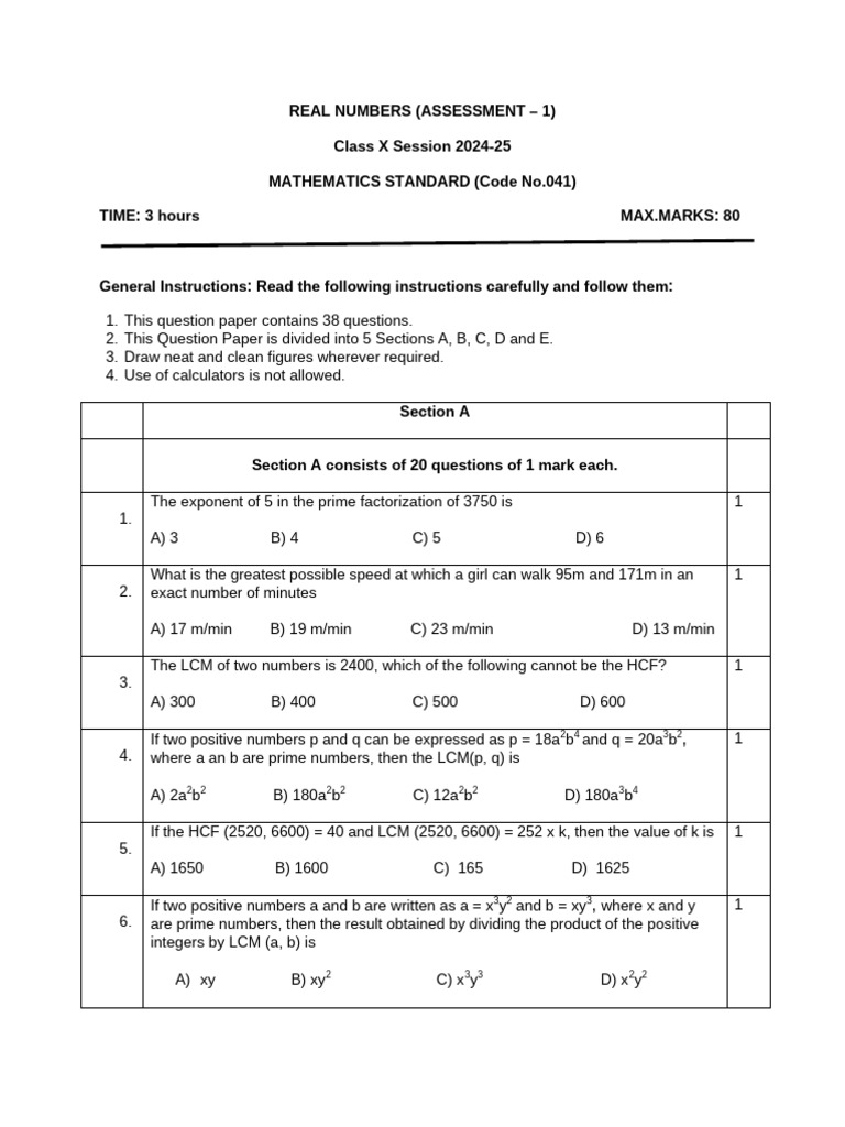 Real Numbers - Assessment - 1 | PDF | Numbers | Prime Number