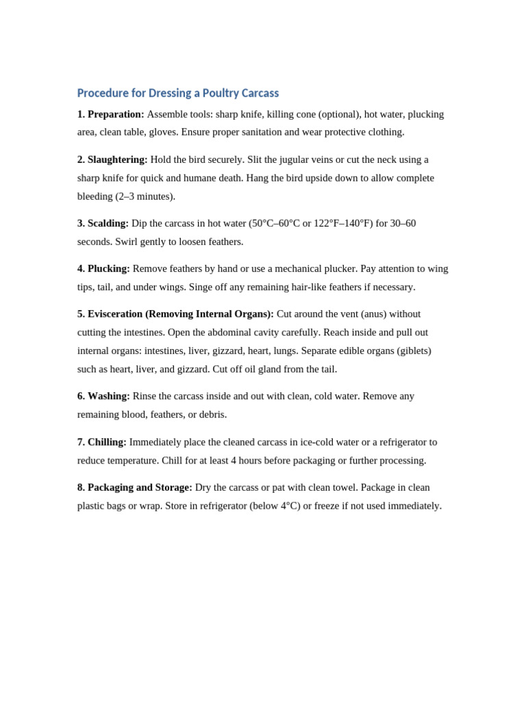 Poultry Carcass Dressing Procedure | PDF