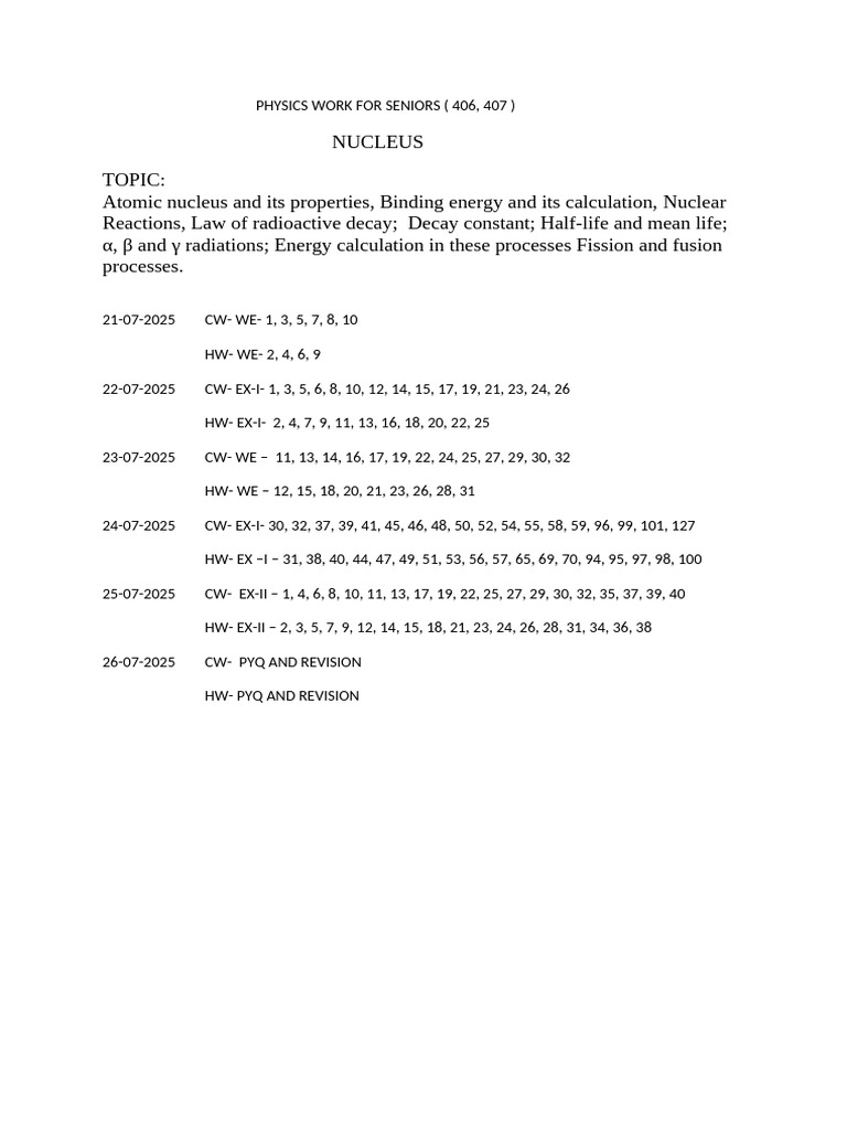 Physics Work For Seniors 21-07-2025 To 26-07-2025 | PDF
