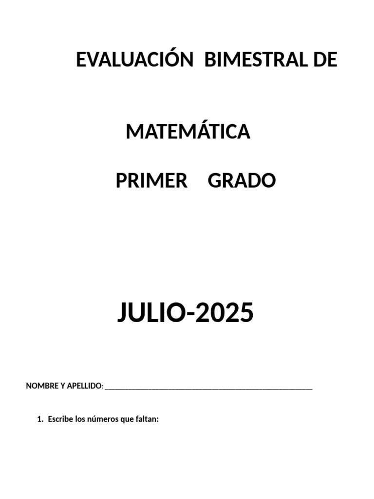 Evaluación Bimestral de Matemática Primer Grado | PDF