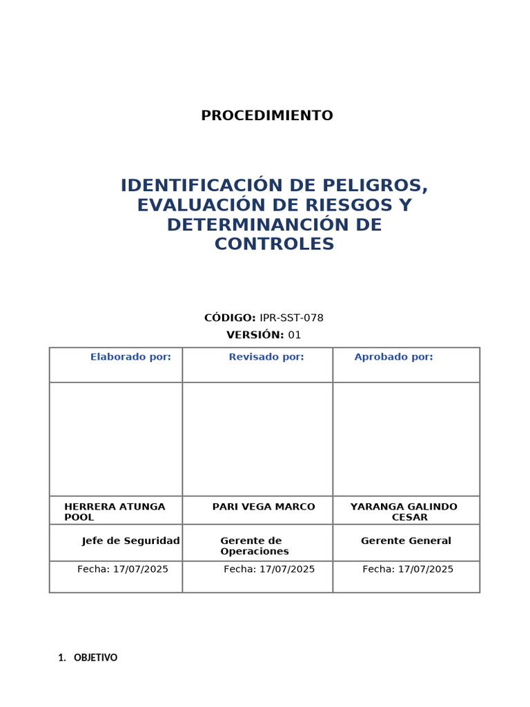 Procedimiento de Identificación de Peligros, Evaluación de Riesgos y Determinación de Controles ...