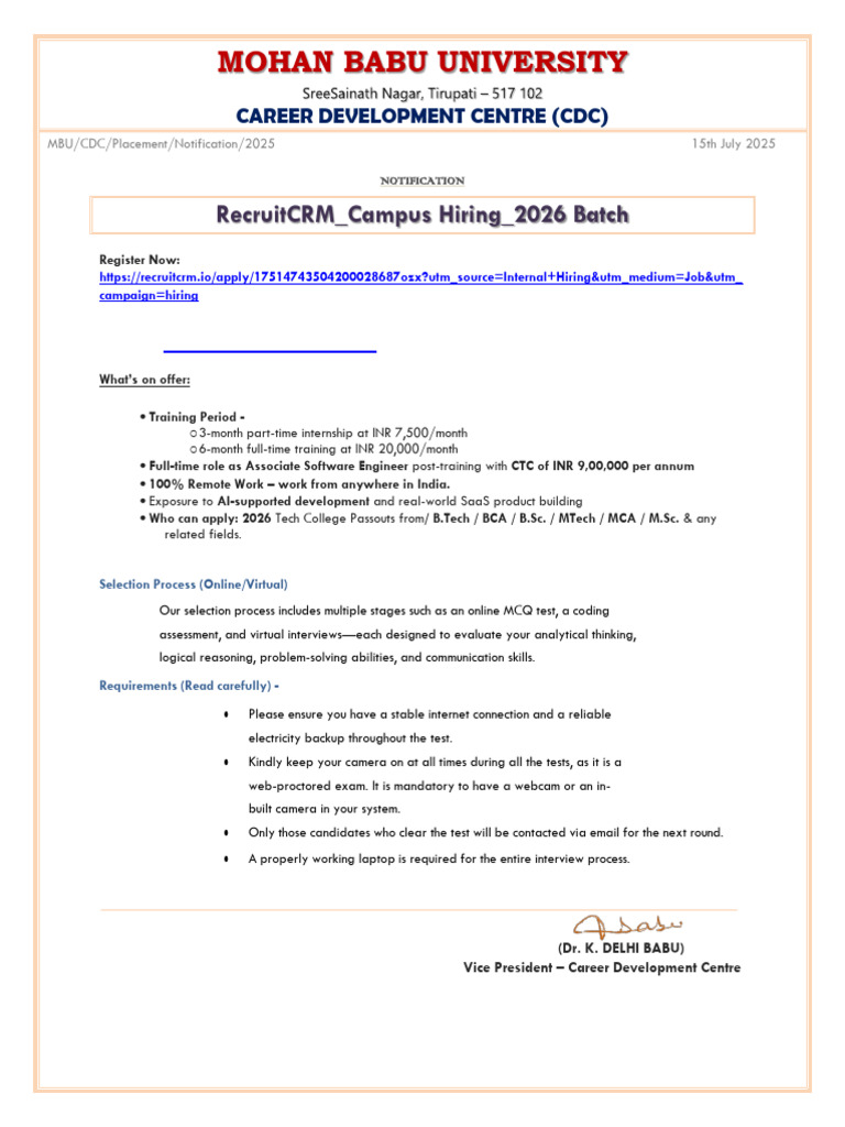 RecruitCRM Campus Hiring 2026 Batch Notification | PDF | Computing