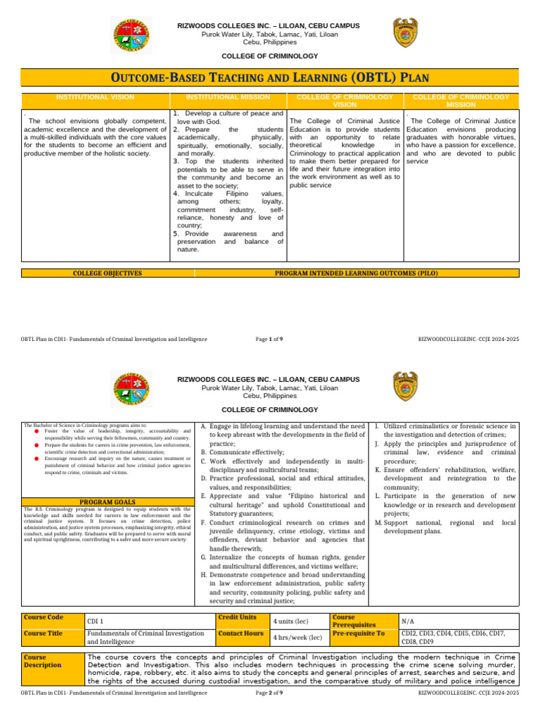 Obtl - Cdi 1 - Fundamentals of Investigation and Intelligence | PDF | Crimes | Crime & Violence