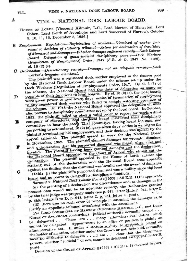 Vine V National Dock Labour Board (1956) 3 Aller 939 | PDF