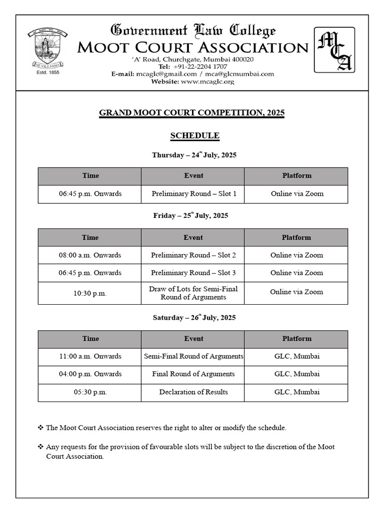 Grand Moot Court Competition 2025 Schedule | PDF