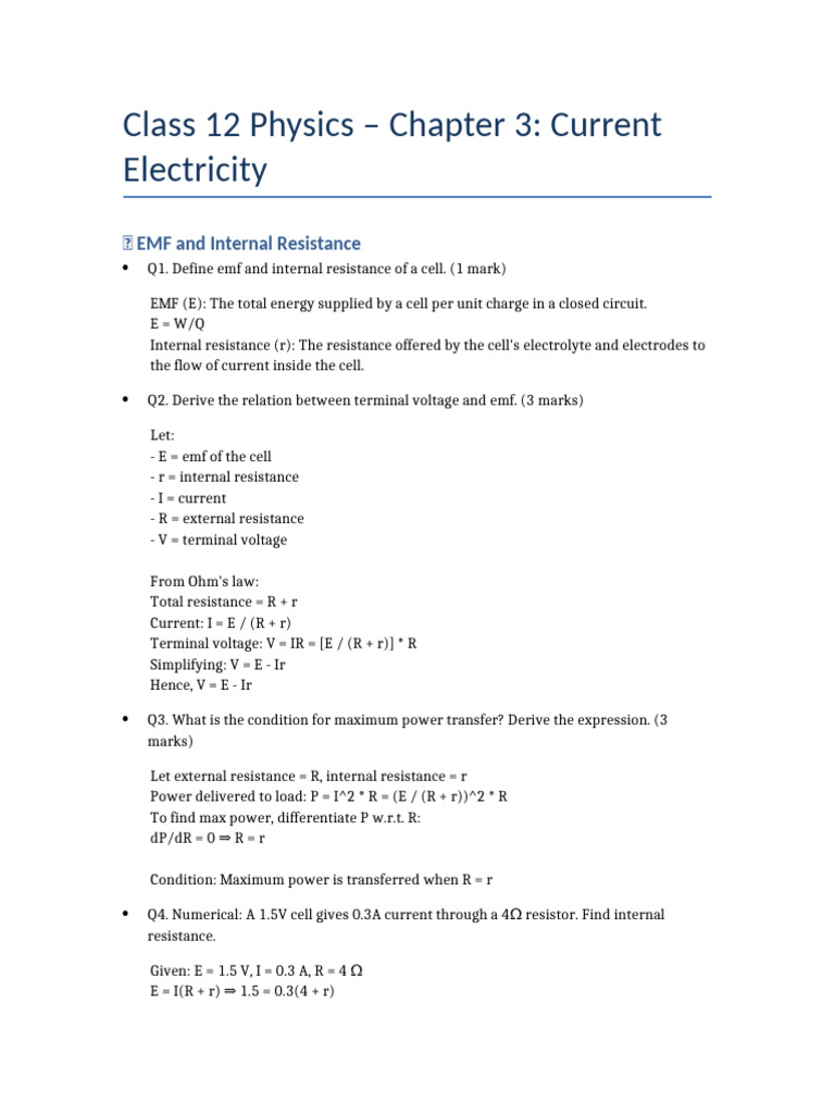 Current Electricity Chapter3 Important Questions | PDF | Voltage ...
