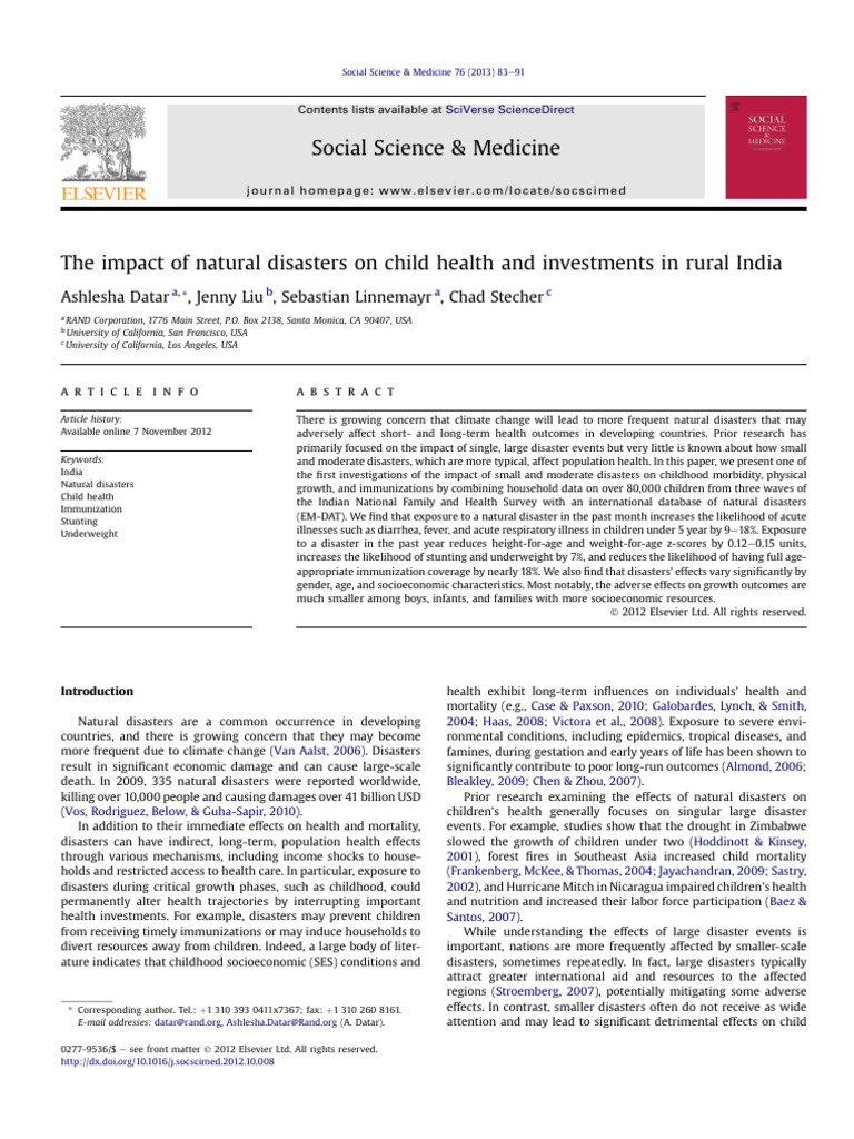Child Health Impact of Disasters in India | PDF | Errors And Residuals ...